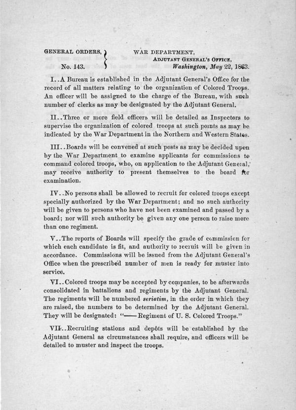 U.S. War Department General Order 143 Establishing the Bureau of U.S ...